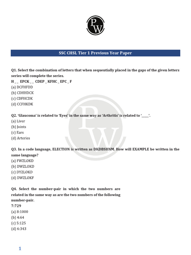 SSC CHSL Tier 1 Previous Year Paper QUESTIONS | PDF