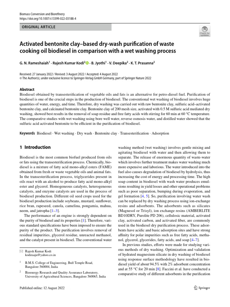 Dry-Wash Purification of Biodiesel Using Bentonite Clay | PDF ...