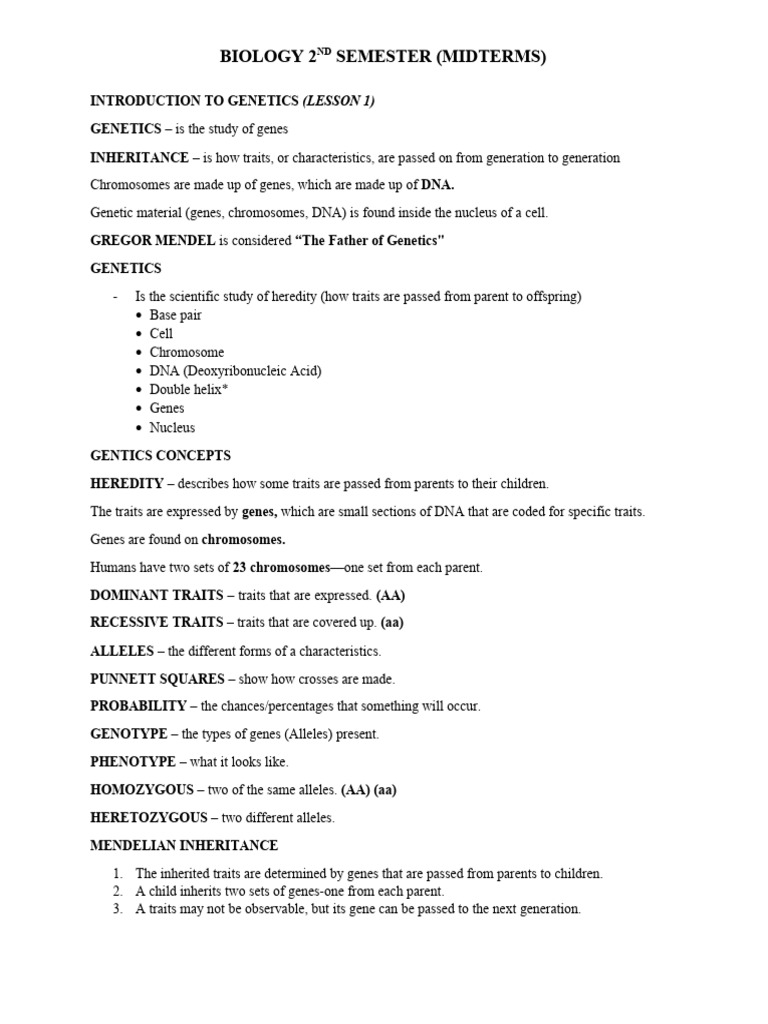 Biology 2ND Semester Midterms | PDF | Dominance (Genetics) | Dna