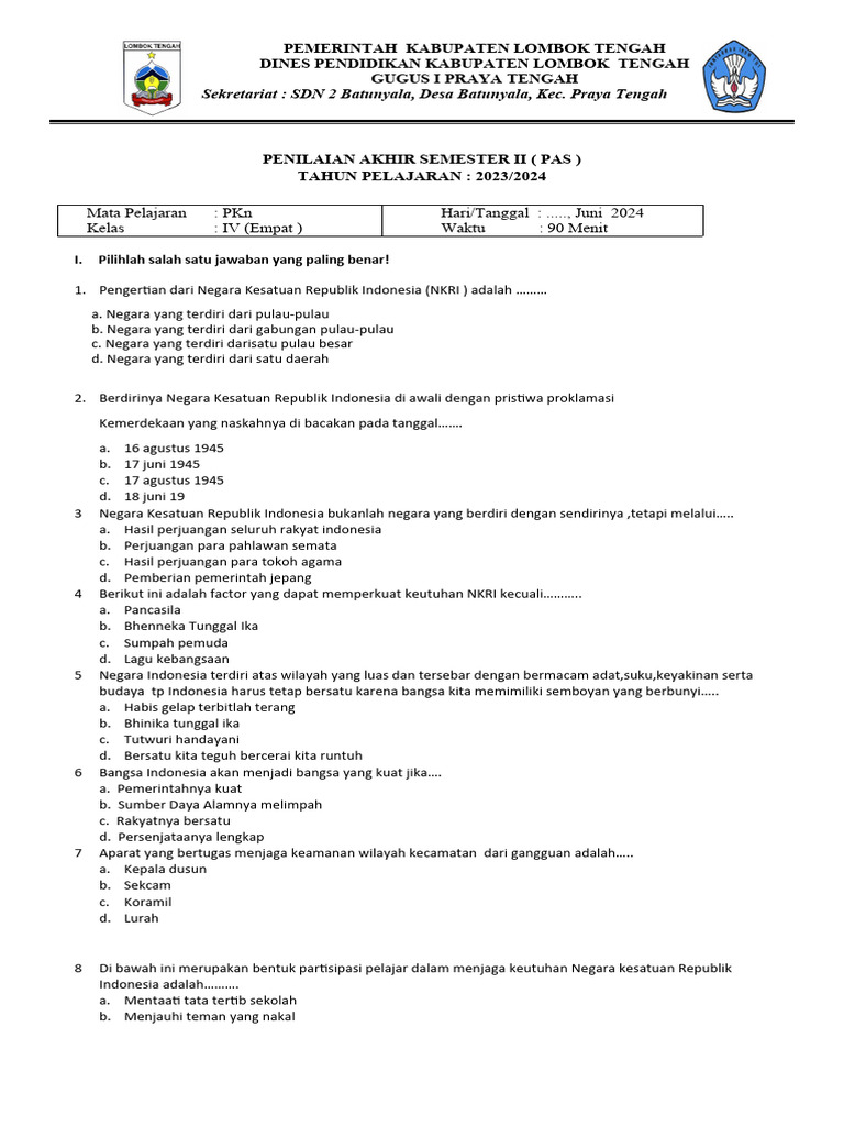 4 SOAL PKN Kelas 4 SEMESTER 2 Edit | PDF | Politik | Ilmu Sosial