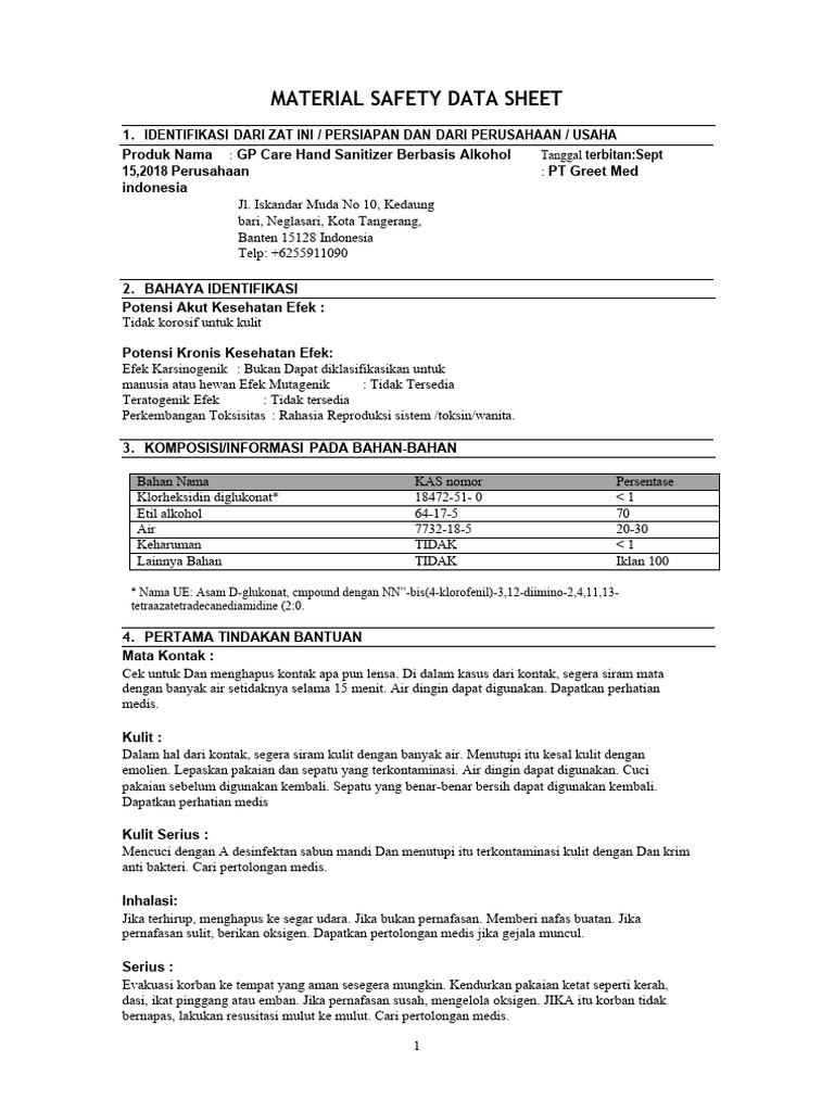 MSDS - GP Care Handsanitizer Alcohol Based | PDF