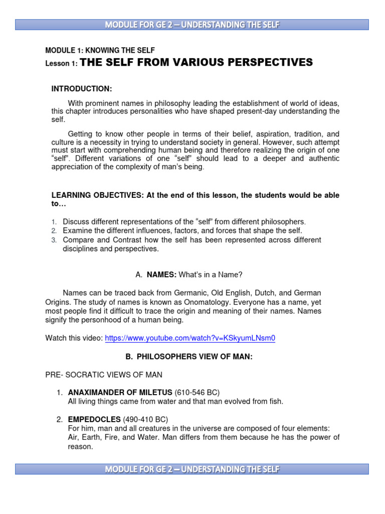MODULE 1 - Lesson 1 The Self From Various Perspectives | PDF | Soul ...
