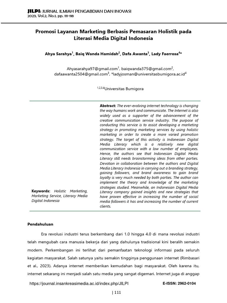 111-118 Promosi Layanan Marketing Berbasis Pemasaran Holistik Pada Literasi Media Digital ...
