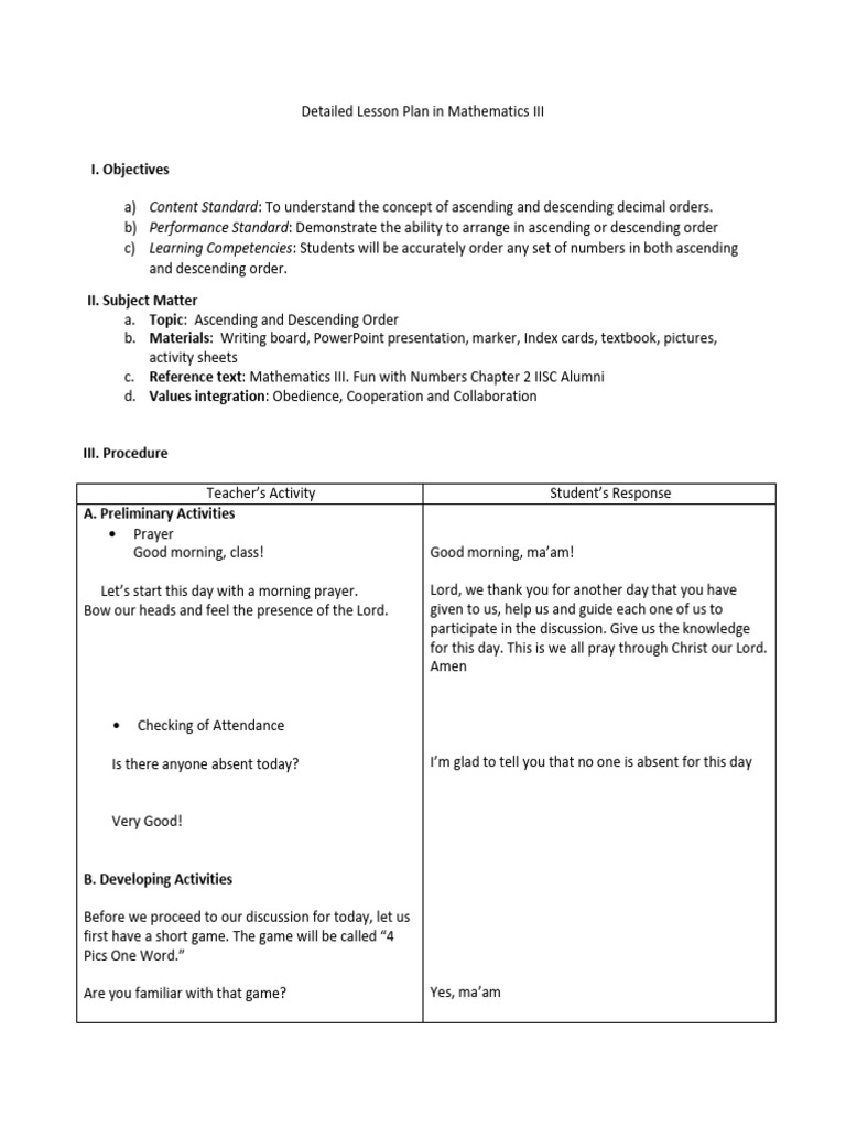 Detailed Lesson Plan in Mathematic III | PDF | Numbers | Lesson Plan