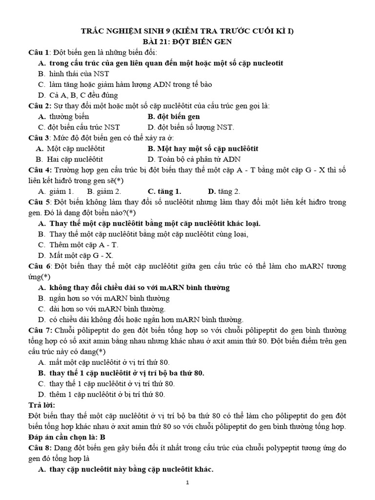Trac Nghiem Sinh 9 Cuoi Ki 1 | PDF