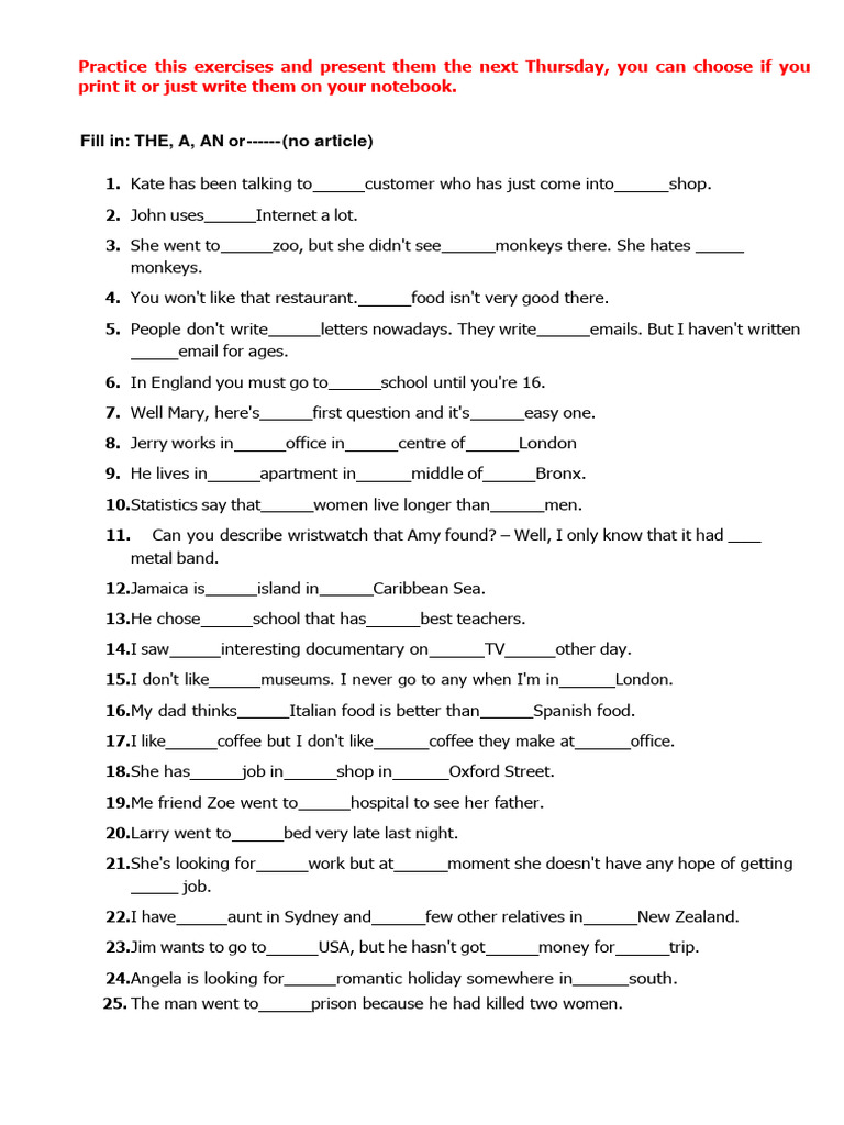 Article Usage Practice Exercises | PDF