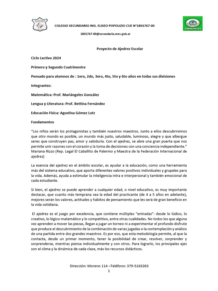 Proyecto Ajedrez Escolar 2024 | PDF | Maestros | Ajedrez