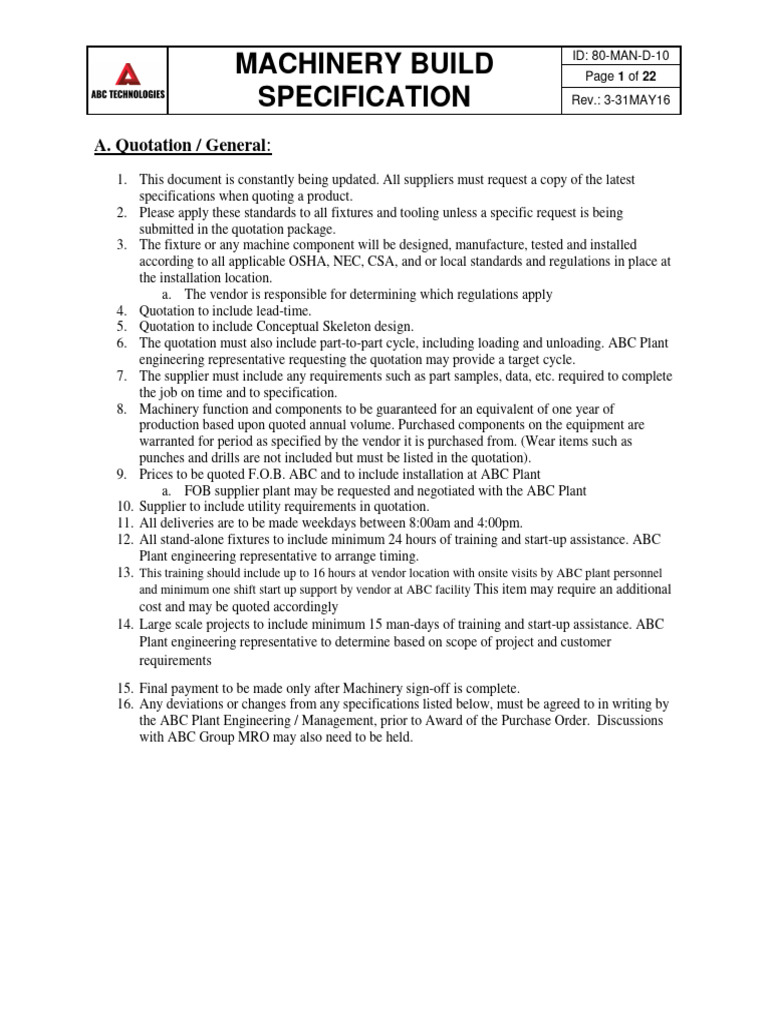 Machinery Build Specification Document | PDF | Valve | Programmable ...