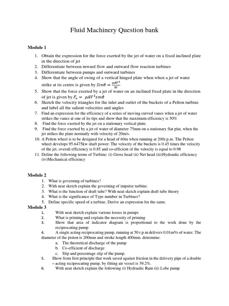 Fluid Machinery Question bank | PDF | Pump | Turbine