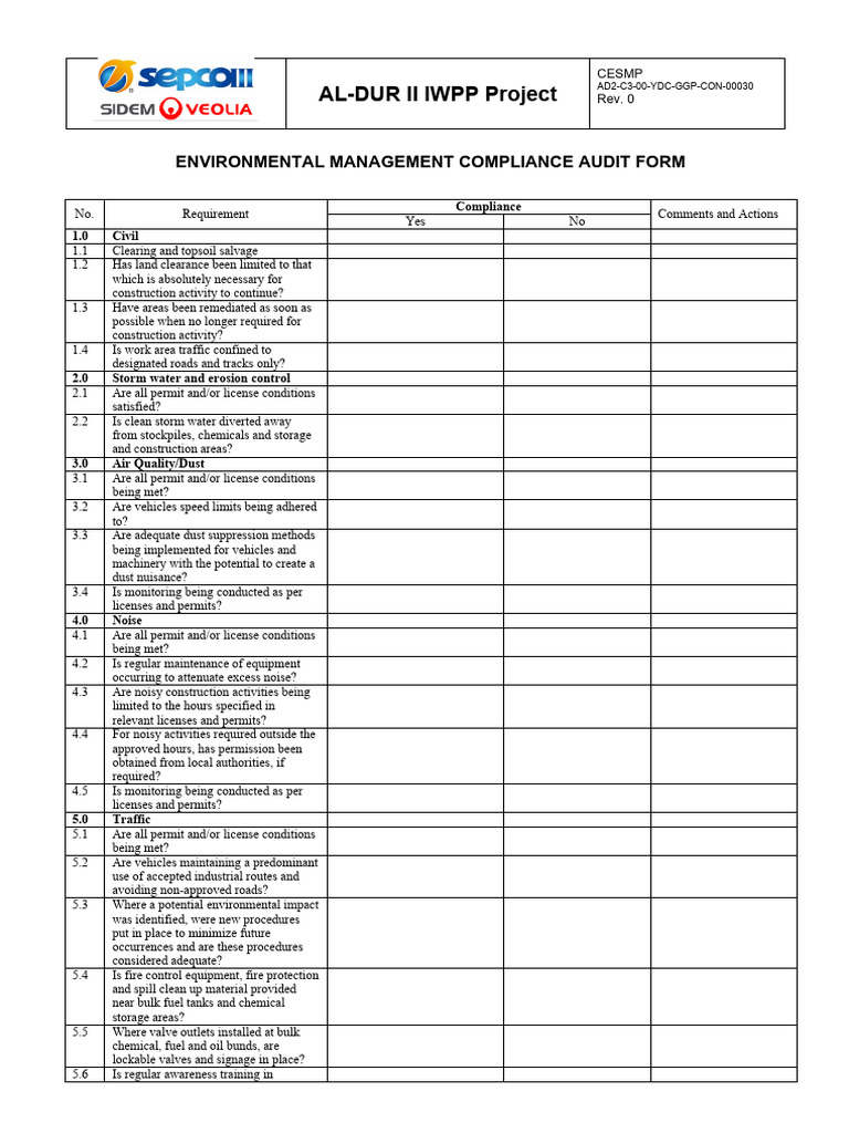 Appendix 10 - Environmental Management Compliance Audit Form | PDF ...