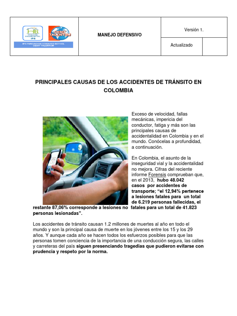5 Principales Causas De Accidentes De Tránsito Pdf Accidente De Tráfico