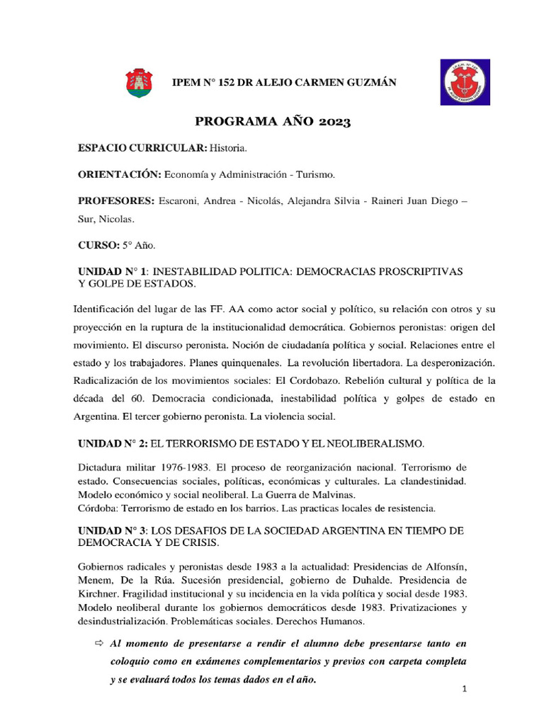 Programa Historia 5to - Alejo - 2023 | PDF