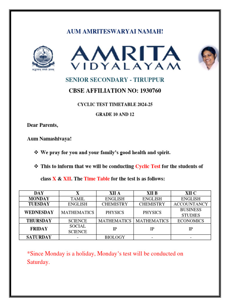 Cyclic Test Timetable 2024-25 | PDF
