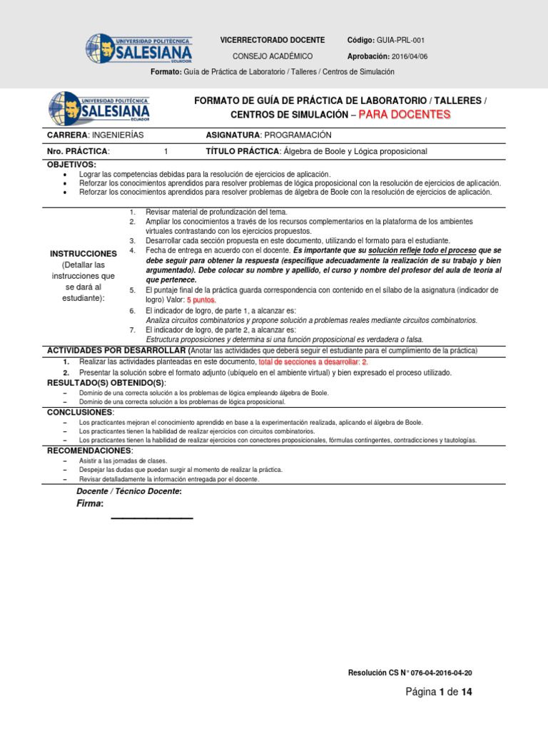 GP1 - Guía Práctica de Aplicación y Experimentación 2021a | PDF | Puerta lógica | Álgebra de Boole