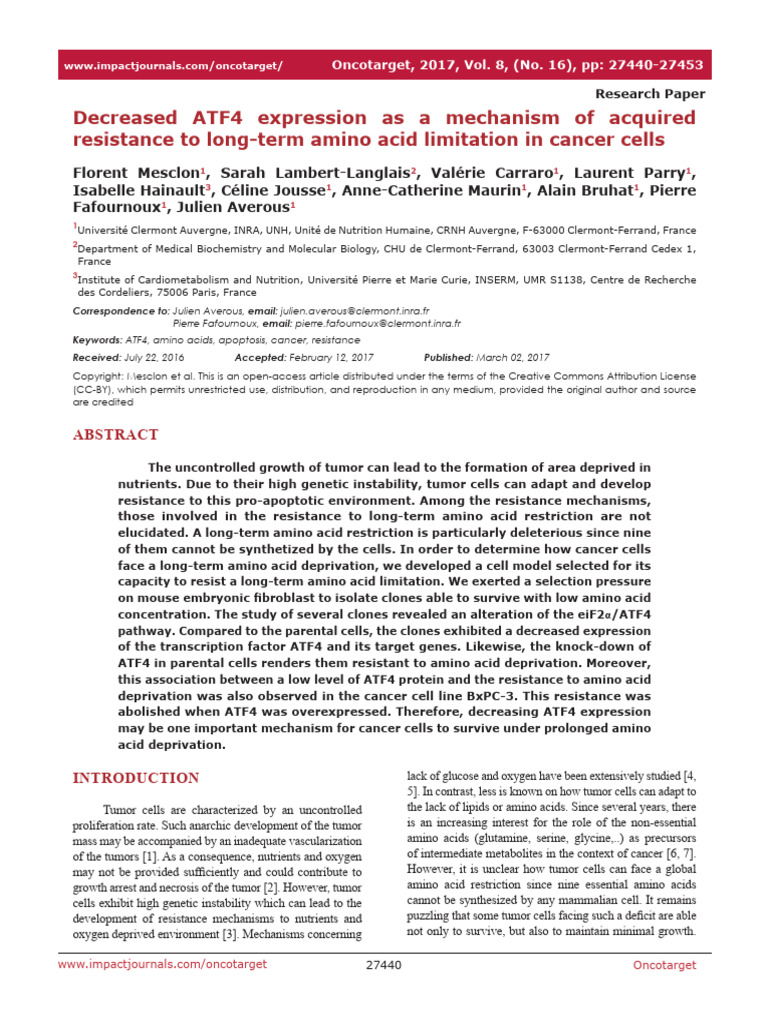 Oncotarget-Poco Atf4 Resistencia | PDF | Cell Growth | Apoptosis