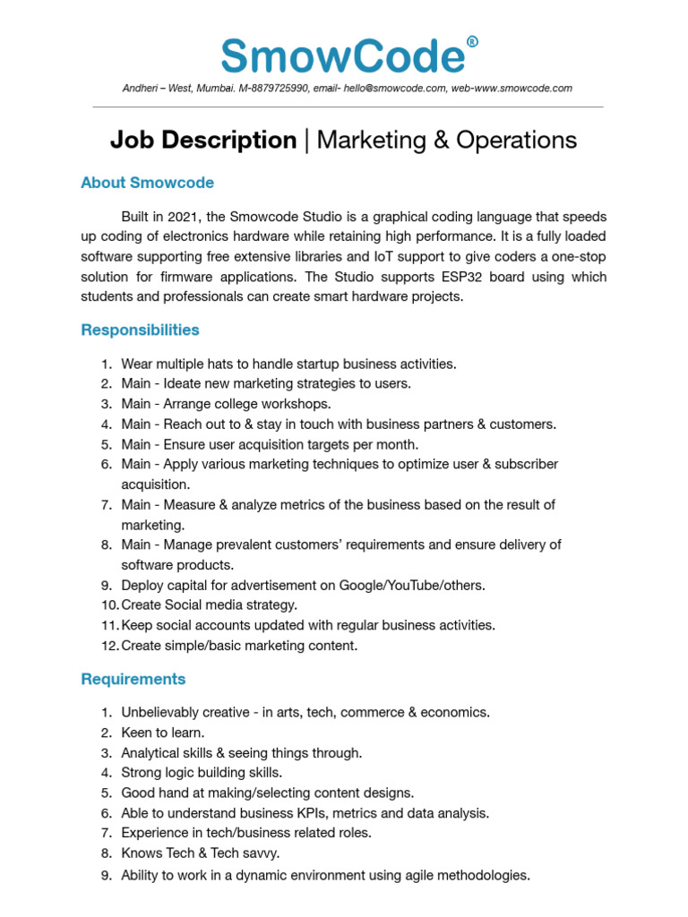 Marketing & Operations Role at Smowcode | PDF | Internet Of Things | Automation