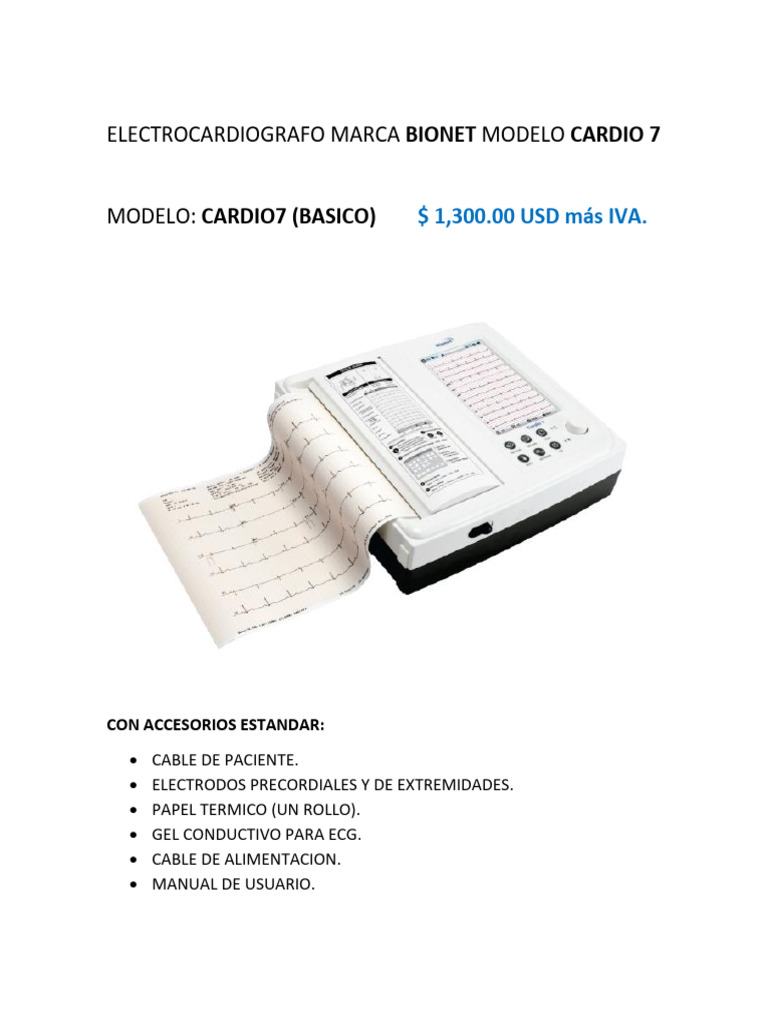 ELECTROCARDIOGRAFO BIONET MODELO CARDIO 7 Basico | PDF