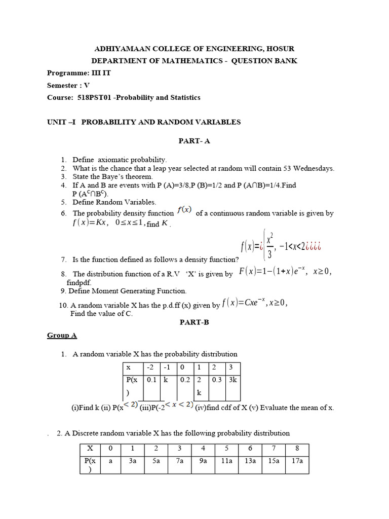 518PST01 P&S Unit I Qnbank | PDF | Probability Density Function | Random Variable