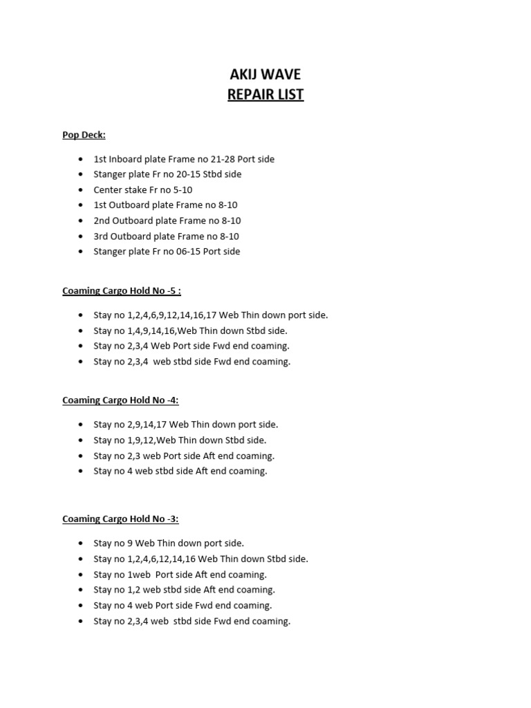 AW Repair List | Download Free PDF | Ships | Shipping