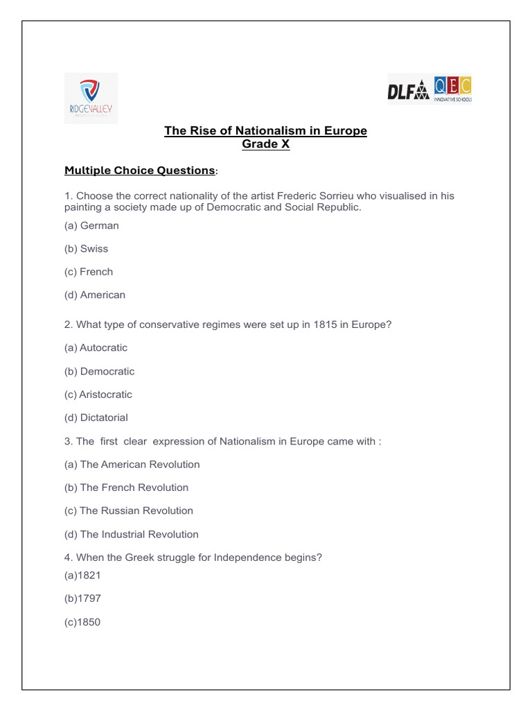 MCQS Rise of Nationalism in Europe | PDF | Nationalism | Democracy
