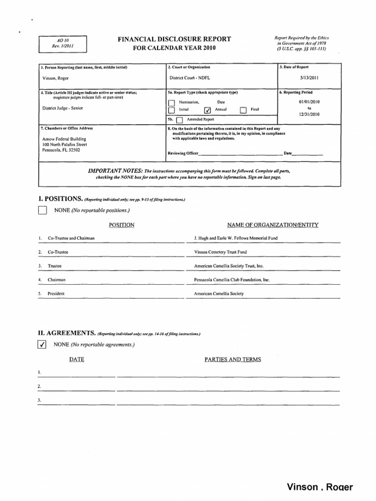 Roger Vinson Financial Disclosure Report for 2010 | Financial ...