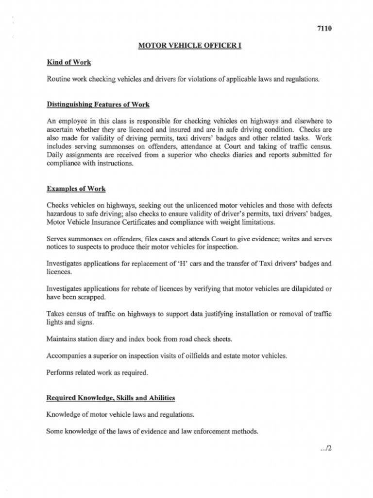 Motor Vehicle Officer I - Job Description | PDF