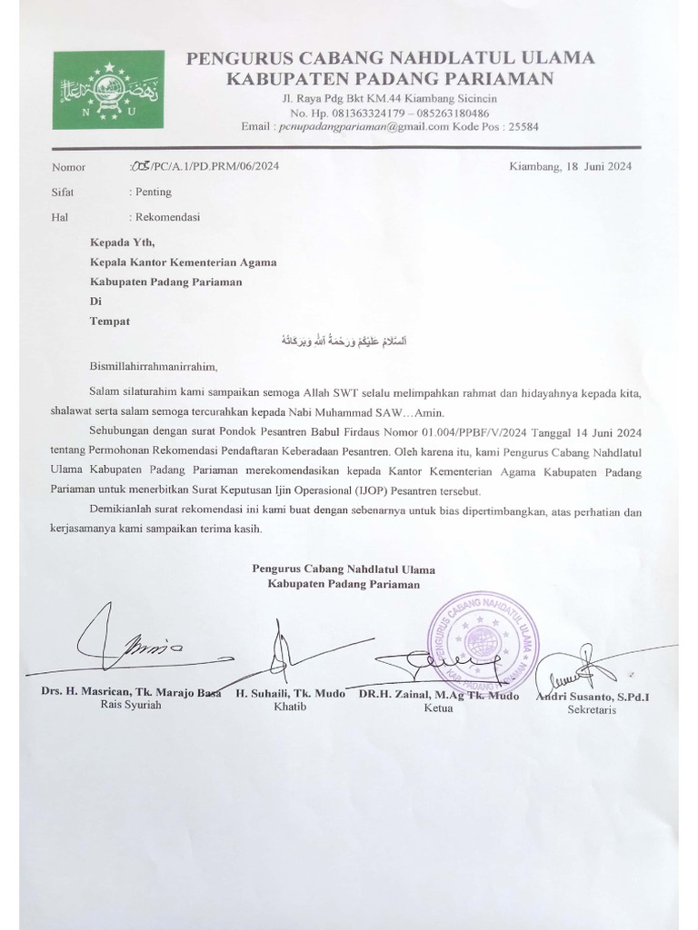 Surat Rekomendasi Ormas NU | PDF