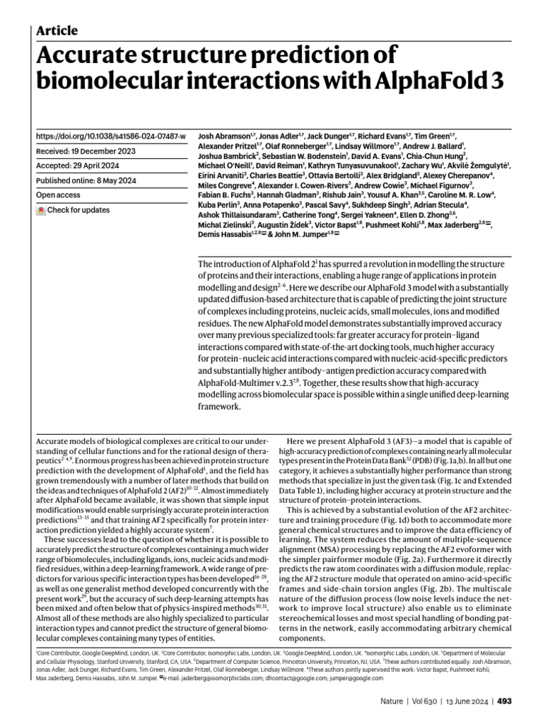 Accurate Structure Prediction of Bimolecular Interactions With AlphaFold3 | PDF | Proteins | Dna