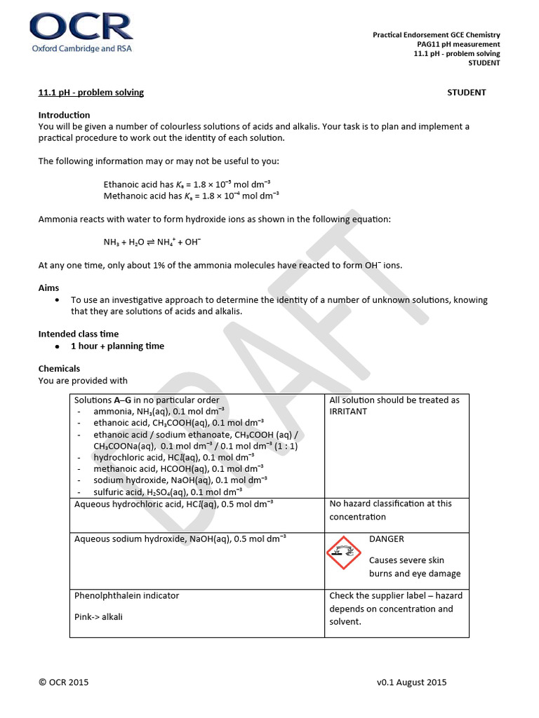 Chemistry PAG 11.1 Student v0.1 | PDF | Ph | Acid