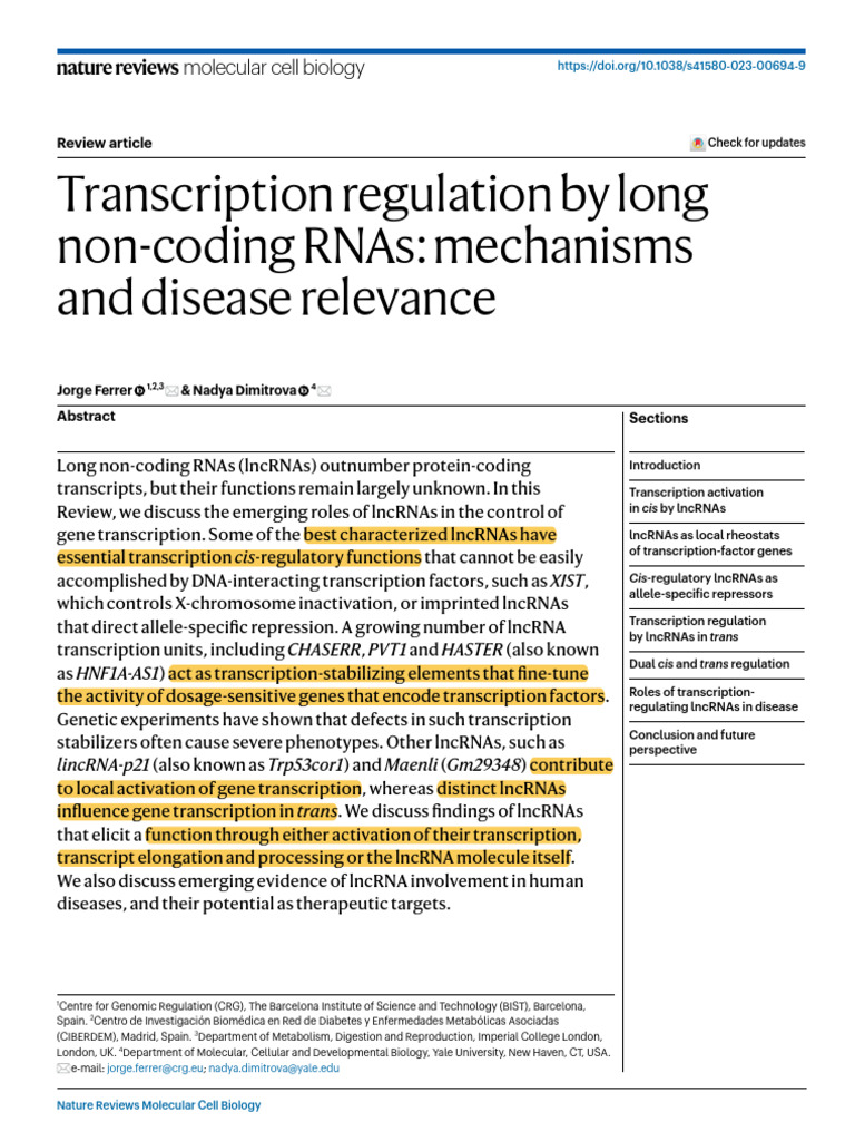 Transcription Regulation by Long Non-Coding RNAs - Mechanisms and Disease Relevance | PDF ...