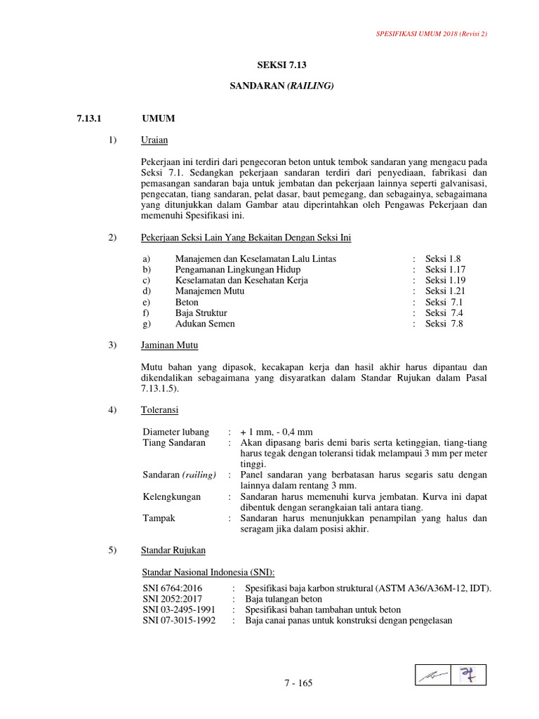Spesifikasi Umum 2018 Revisi 2 Divisi 7.13 Tentang Sandaran (Railing) | PDF