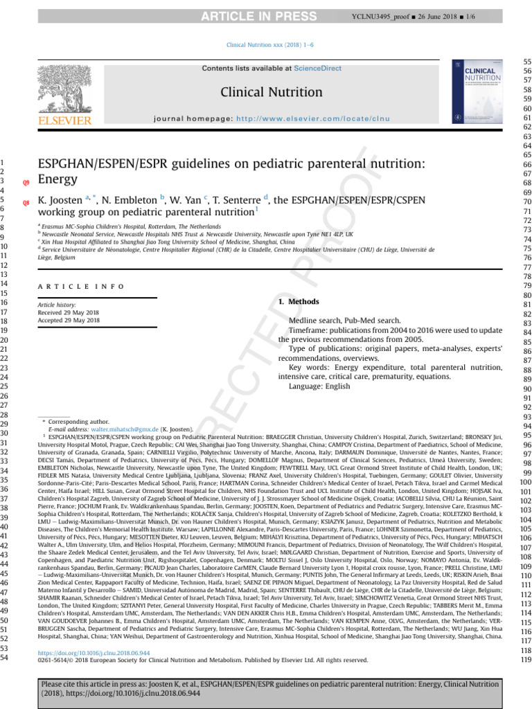 2-Joosten, K., Et Al. Guidelines on Pediatric Parenteral Nutrition ...