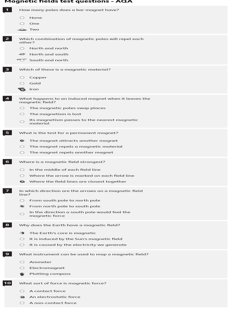 Magnetic Fields Test Questions - AQA - GCSE Physics (Single Science ... Magnetic Fields Test Questions - AQA - GCSE Physics (Single Science ...