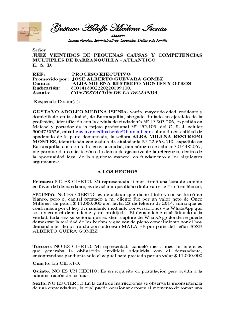 Contestacion Demanda Jose Guevara VS Alba Restrepo | PDF | Documento de ...