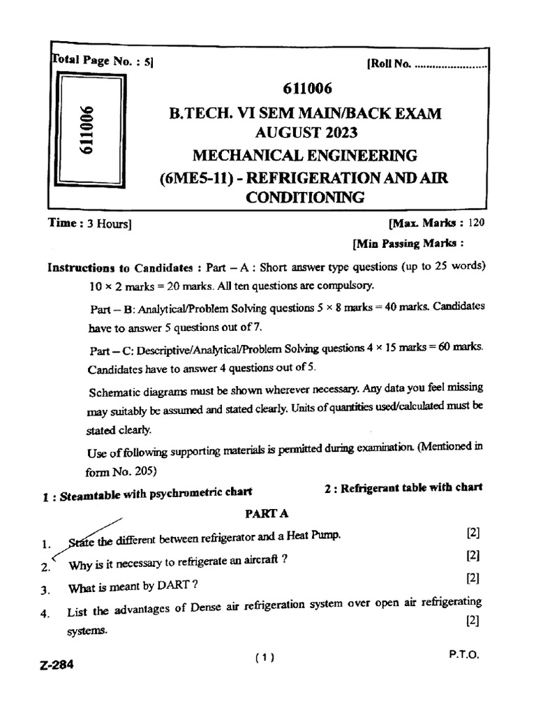 Btech Me 6 Sem Refrigeration and Air Conditioning 611006 Aug 2023 | PDF