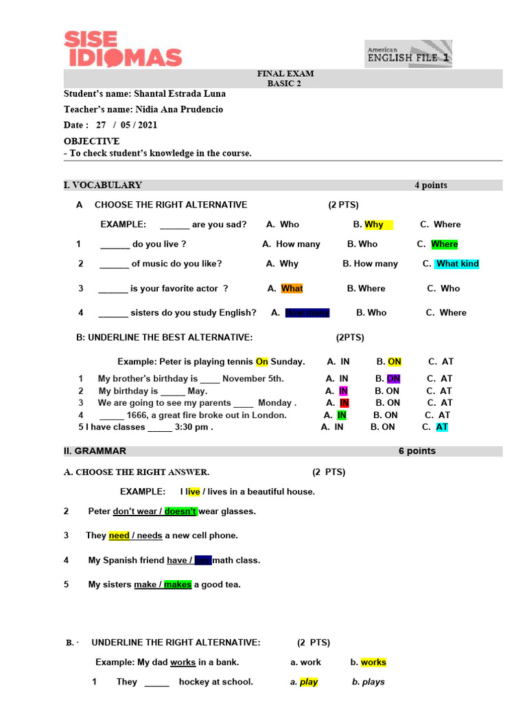 Basic 2 Final Exam for ESL Students | PDF | Linguistics