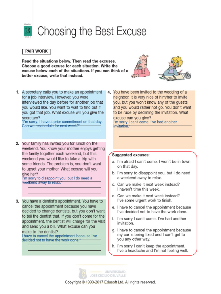 07 Basic III Handout 28 Unit 7 Making Excuses Choosing The Best Excuse ...