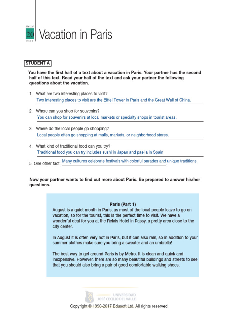 05-Basic-III-Handout-20-Unit-5-Traveling-Abroad-Vacation-in-Paris | Download Free PDF | Paris
