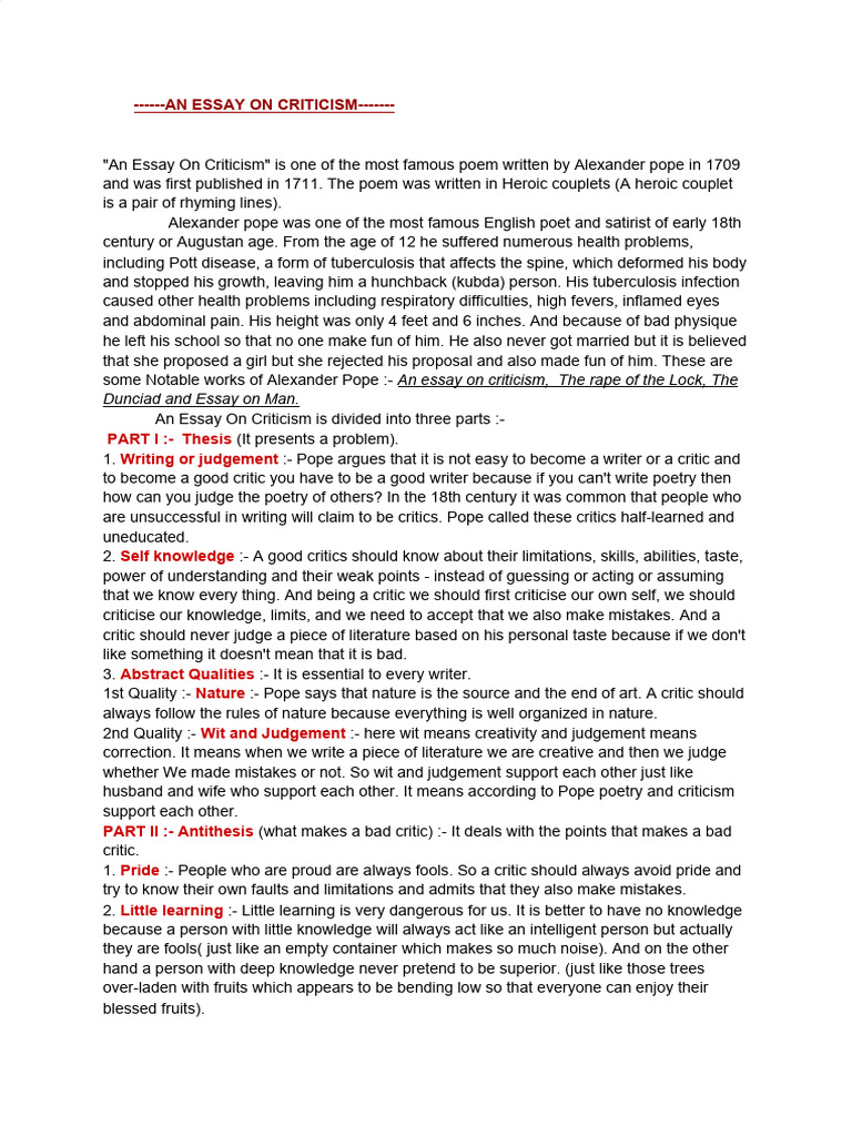 An Essay On Criticism by Alexander Pope | PDF | Alexander Pope