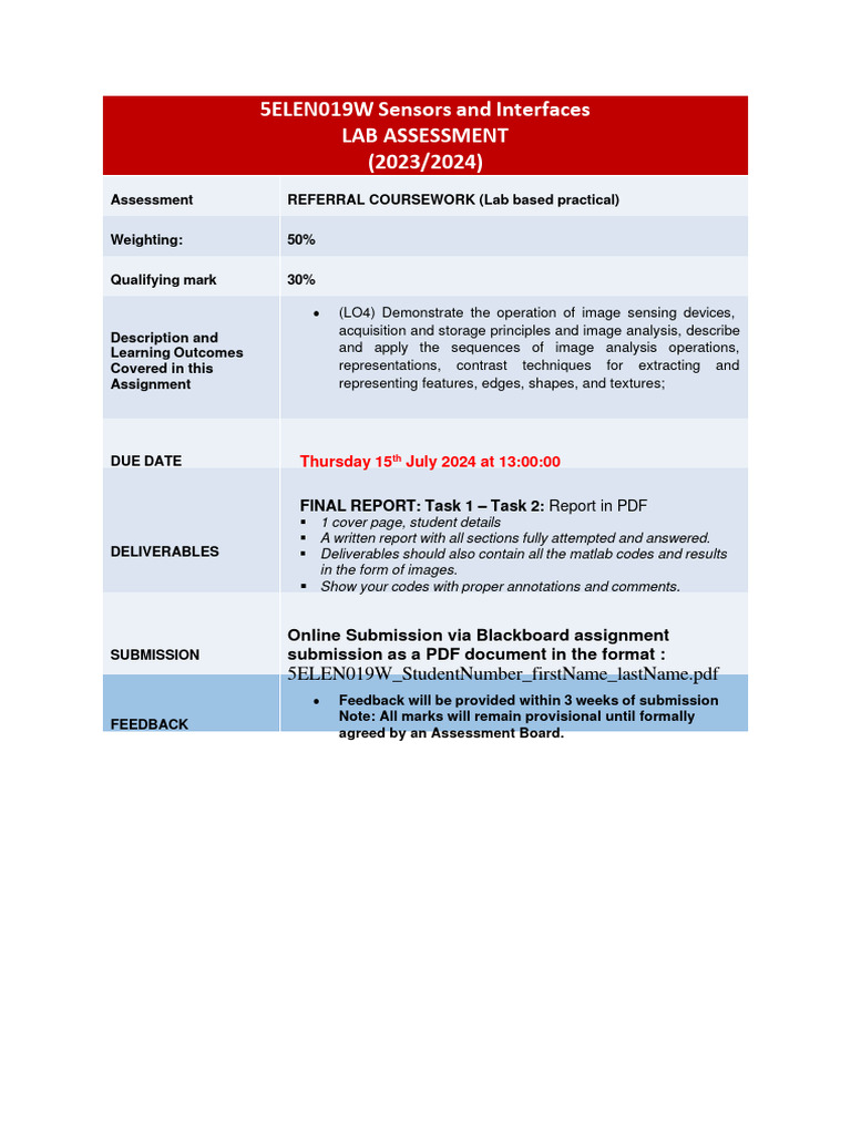5ELEN019W Sensors and Interfaces Referral - Deferral Lab Assessment ...