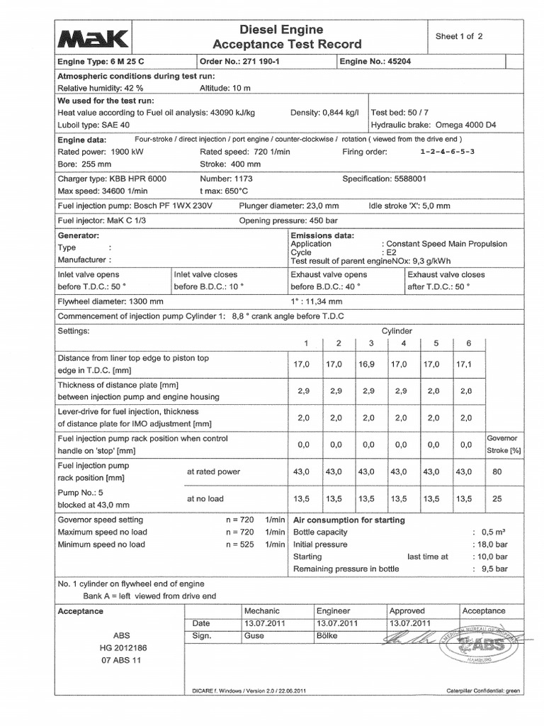 MAK engines acceptance test records(1) | PDF