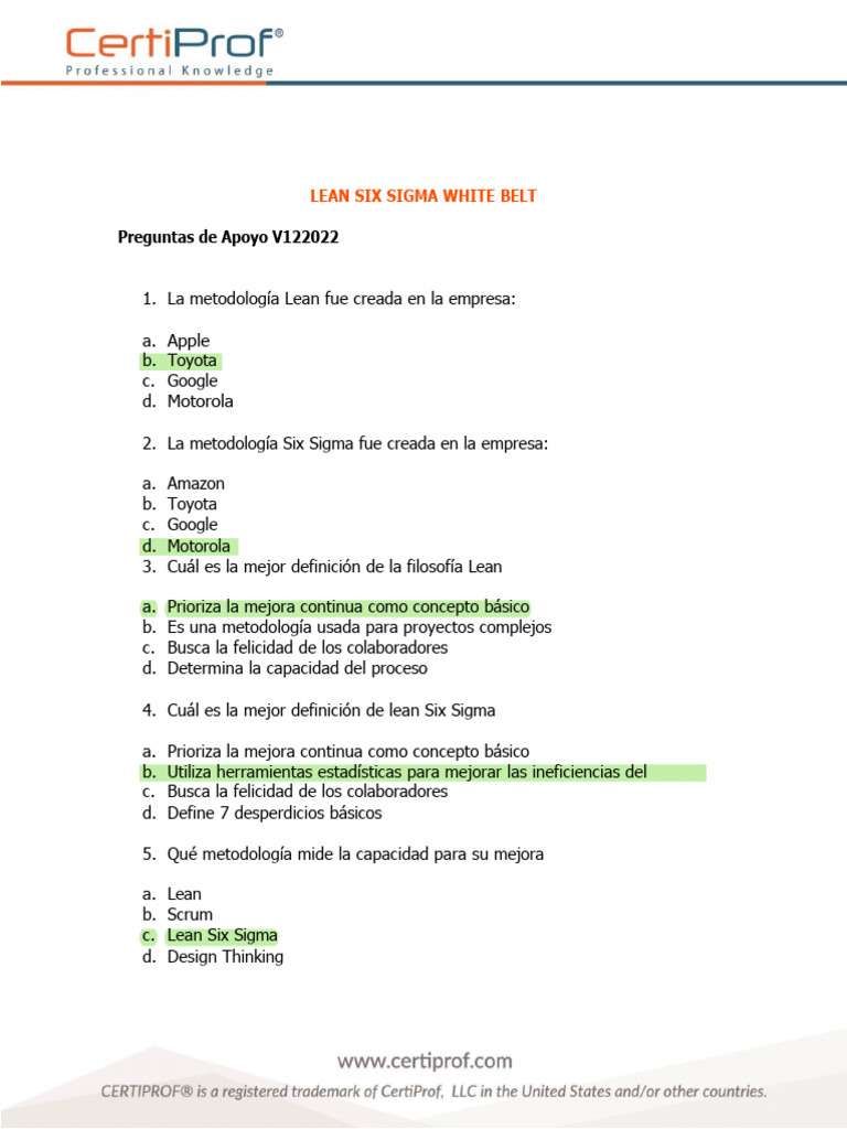 Preguntas y Respuestas White Belt Lean Six Sigma | PDF | Six Sigma