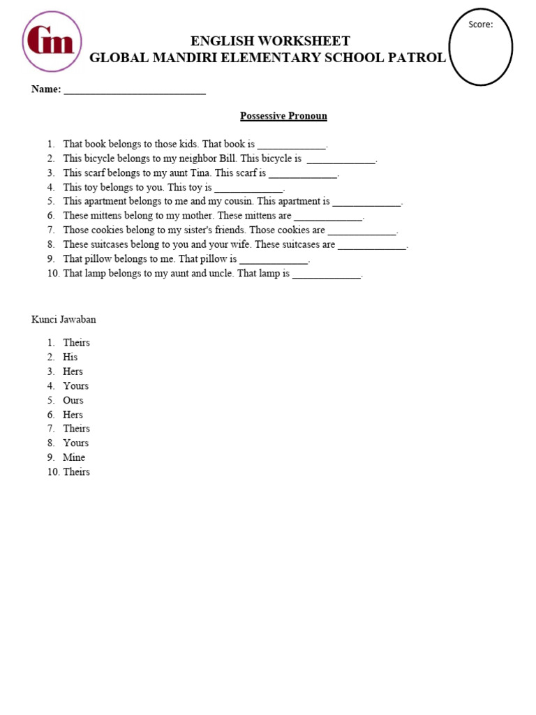 Possessive Pronouns Worksheet | PDF