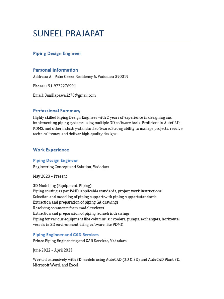 Piping Design Engineer Resume 2 Years Experience Updated | PDF | Auto ...