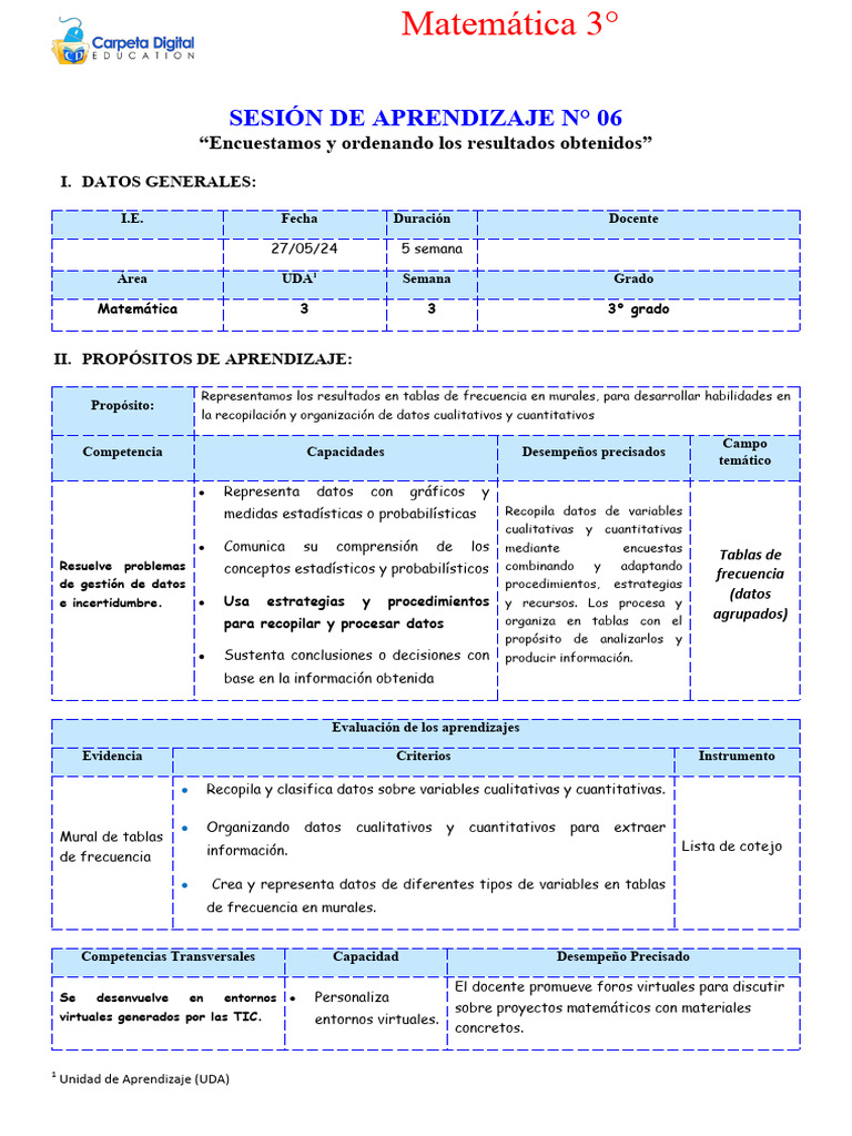 SESION 6-Encuestamos y Ordenando Los Resultados Obtenidos - MATEMATICA 3RO | PDF | Maestros ...