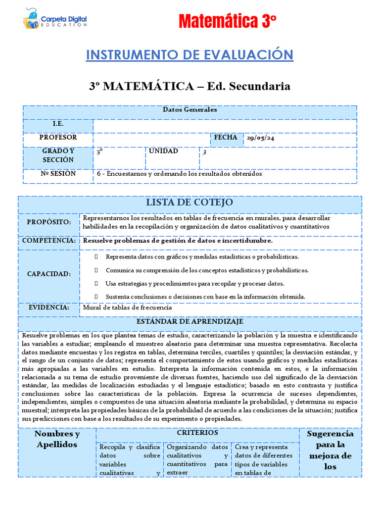 INSTRUMENTO 6 - Encuestamos y Ordenando Los Resultados Obtenidos - MATEMATICA 3RO | PDF ...