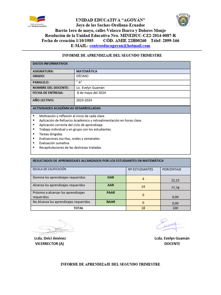 Informe de Aprendizaje Por Asignatura t2 - 10b | PDF
