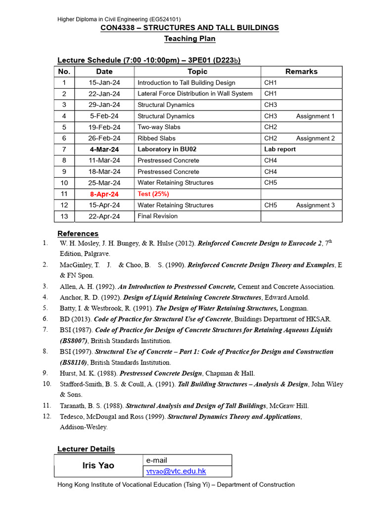 Structures and Tall Buildings Course Plan | PDF | Civil Engineering ...