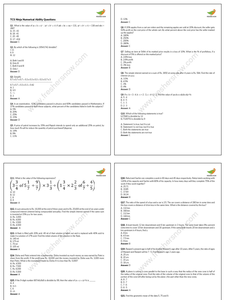 TCS Ninja Numerical Ability Questions | PDF | Mind