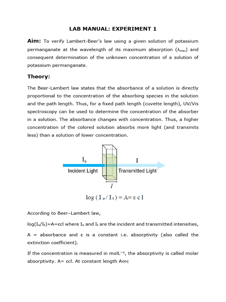Lambert Beer's Law Lab Manual - 240405 - 143421 | PDF | Absorbance ...